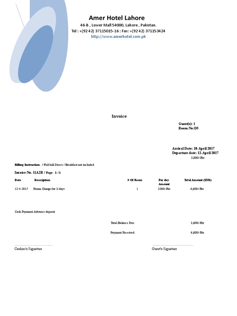 Hotel Invoice Lahore | PDF