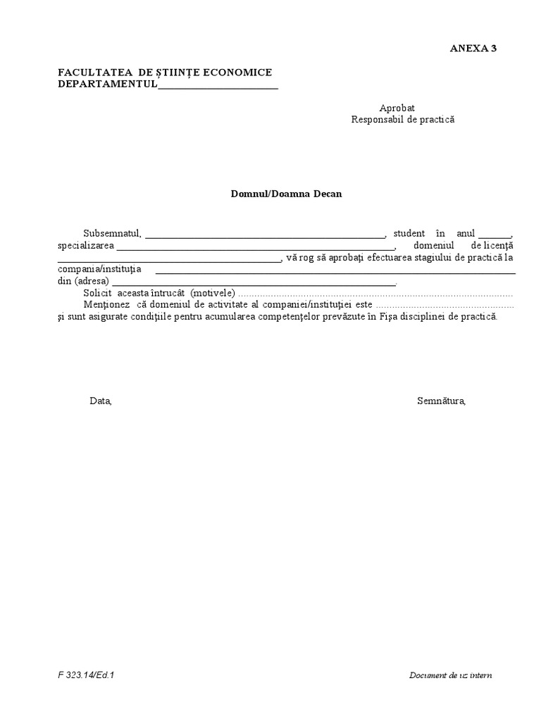 F - 323 - Cerere - Stagiu - de - Practica 2022-2023 | PDF