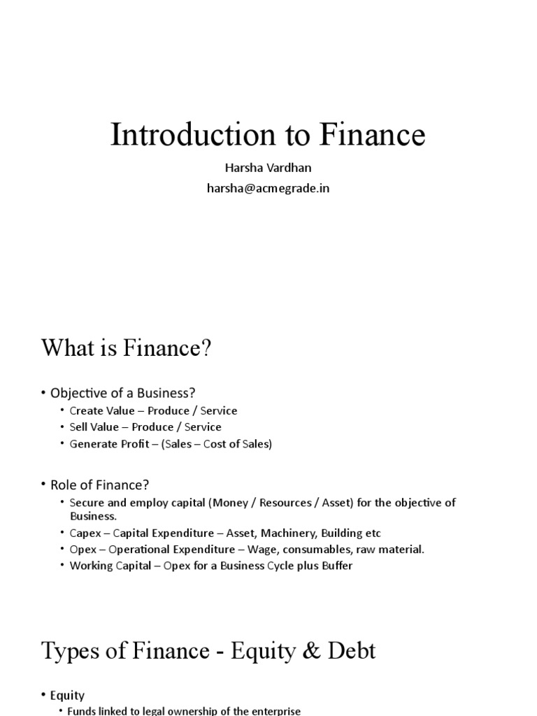 Introduction To Finance: Harsha Vardhan Harsha@acmegrade - in | PDF | Debt | Stocks