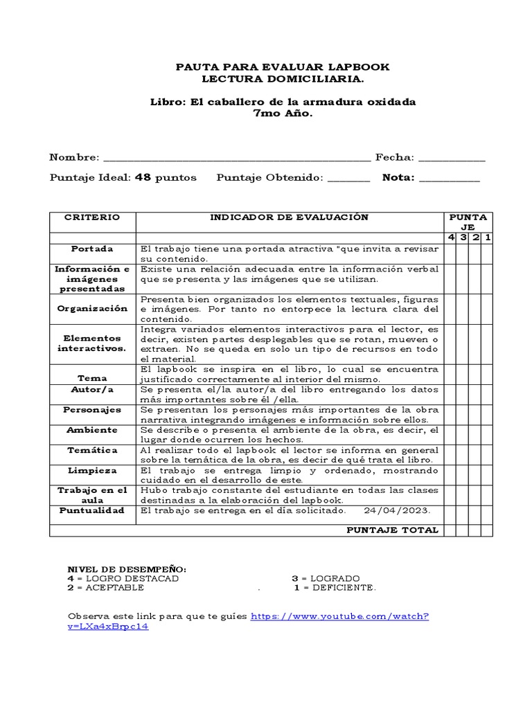 Pauta Evaluacion Lapbook 2 | PDF