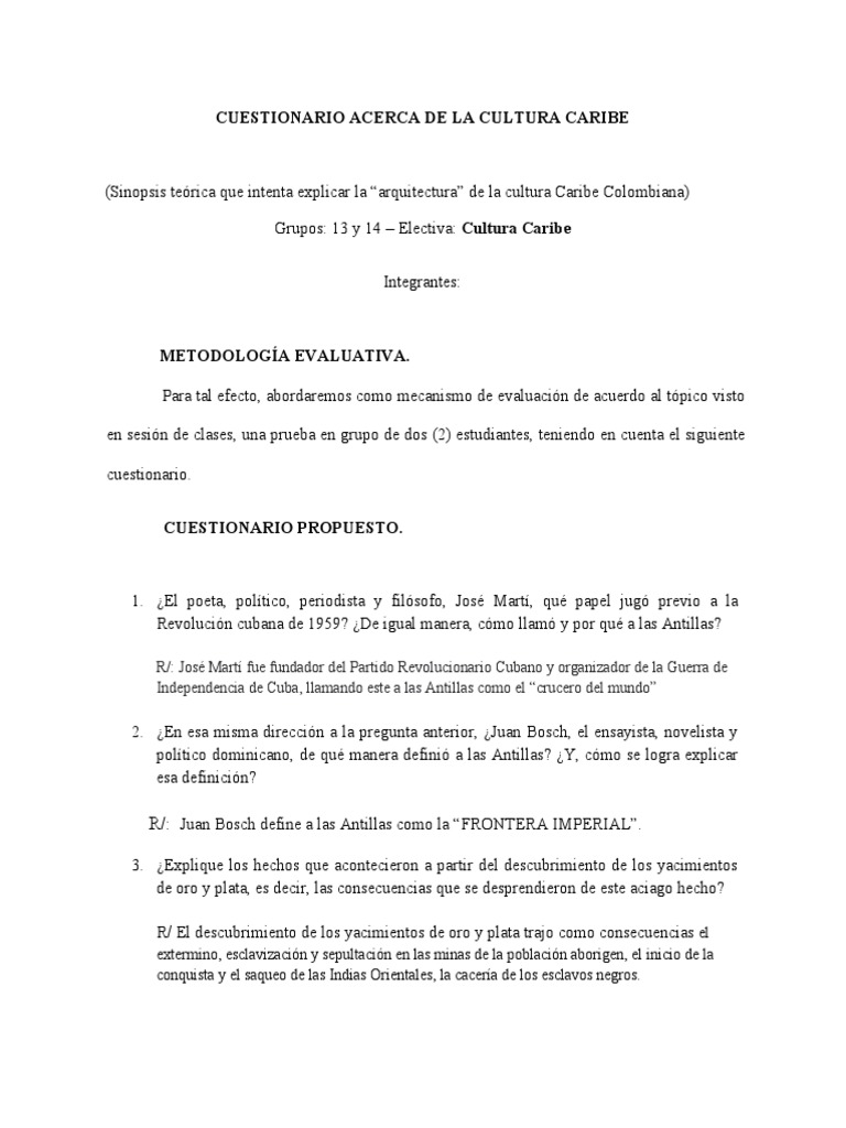 Cuestionario Acerca de La Cultura Caribe 1 | PDF | caribe | Cuba