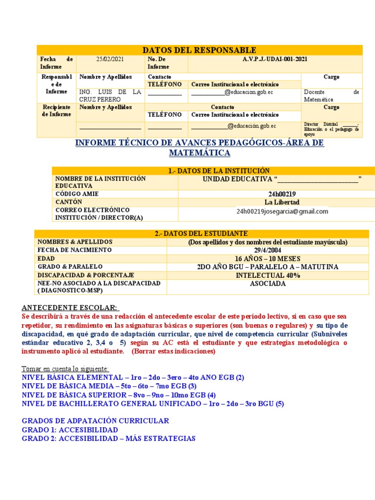 Informe Técnico de Avances Pedagógicos-Área de Matemática: Datos Del Responsable | PDF ...