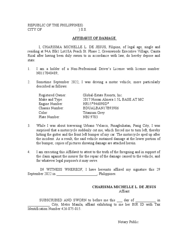 Affidavit of Damage | Download Free PDF | Affidavit | Vehicles