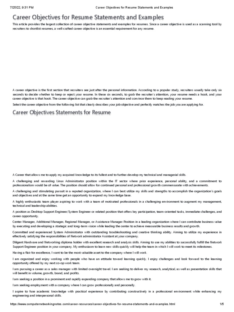 Career Objectives For Resume Statements and Examples | PDF | Leadership ...