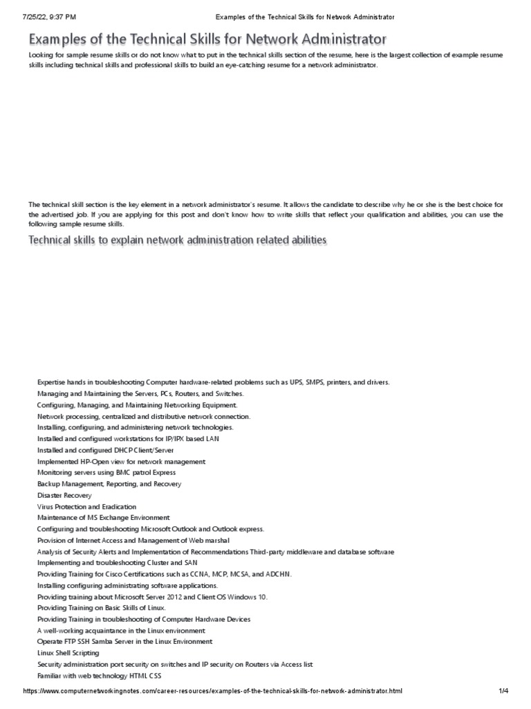 Examples of The Technical Skills For Network Administrator | PDF ...