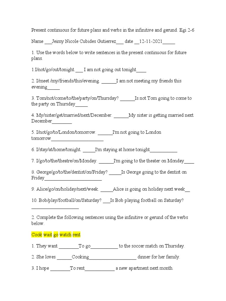 Present Continuous for Future Plans and Verbs in the Infinitive and ...