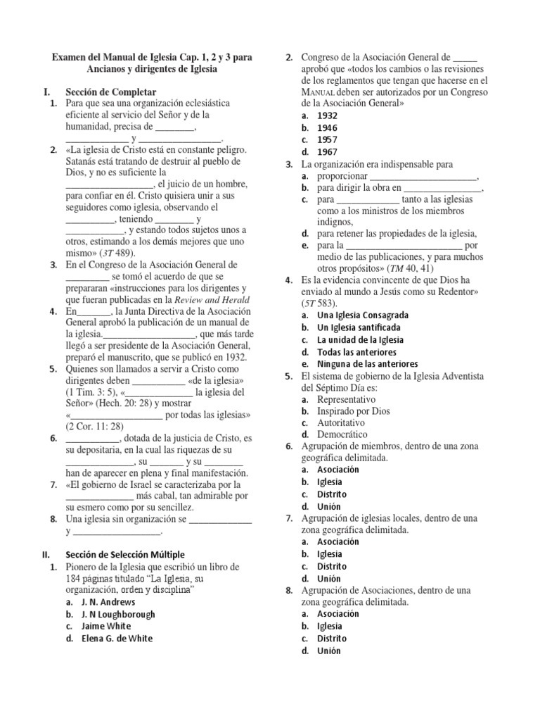 Examen Del Manual de Iglesia Cap. 1-2-3 | PDF | Iglesia Adventista del Séptimo Día | Iglesia ...
