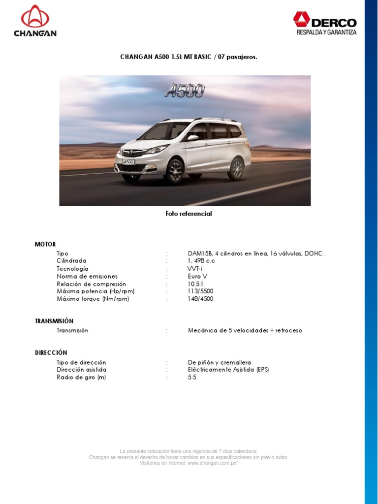 CHANGAN A500 1.5L MT BASIC / 07 Pasajeros | PDF | Coche | Transporte privado