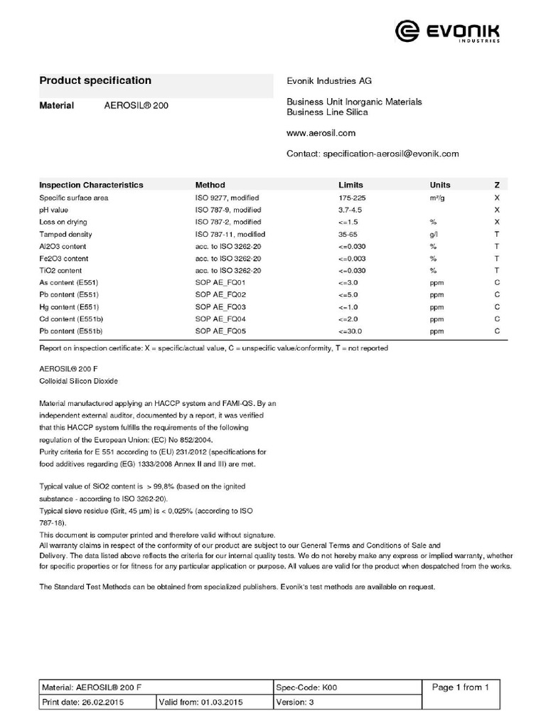 F.T. Aerosil 200 Evonik | PDF
