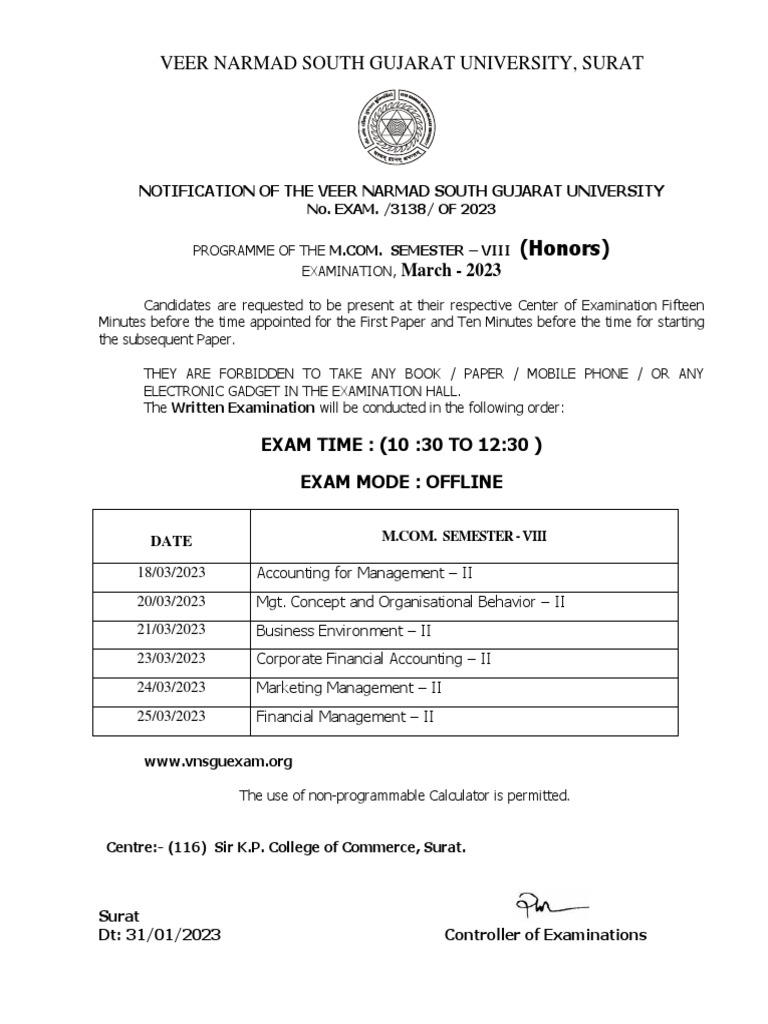 Veer Narmad South Gujarat University, Surat: March - 2023 | PDF ...