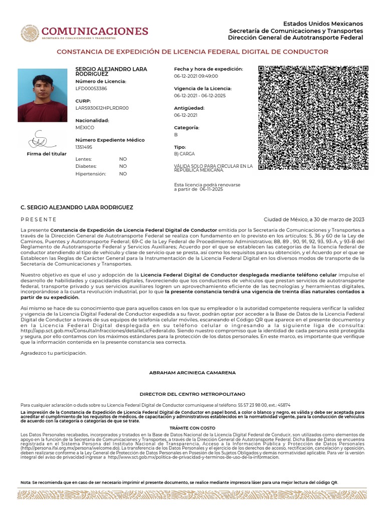 Constancia de Expedición de Licencia Federal Digital de Conductor | PDF