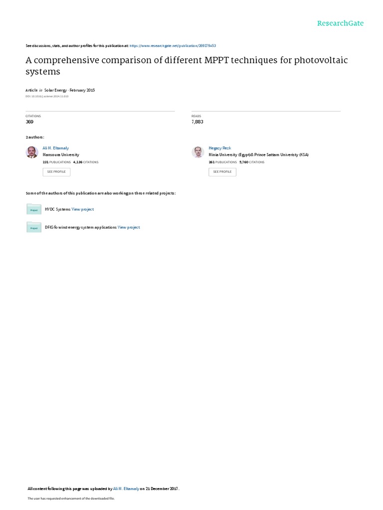 Comprehensive Comparison of Different MPPT Techniques For Photovoltaic ...