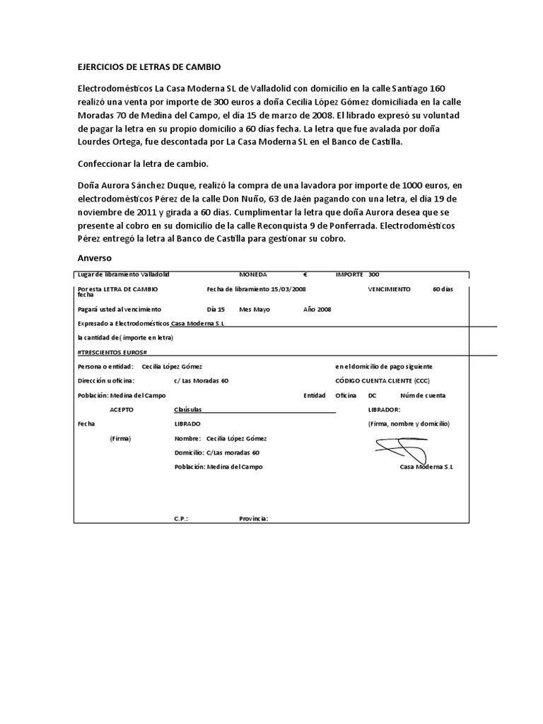 Letras de Cambio: Ejemplos Prácticos | PDF | Pagaré | Mercados financieros