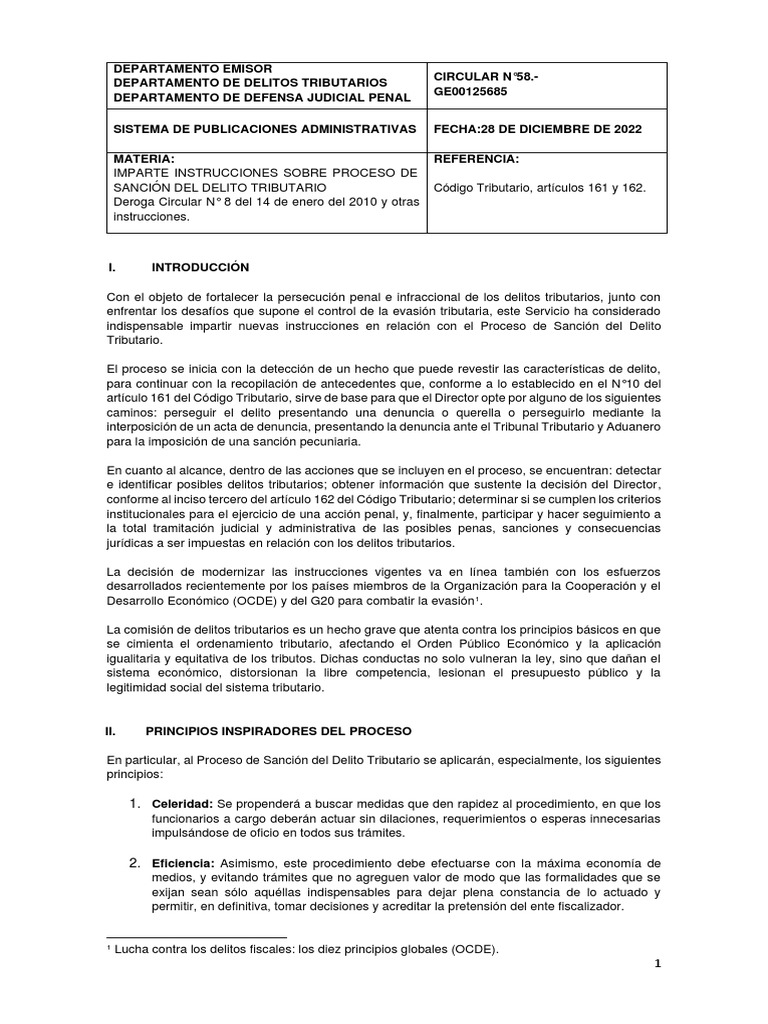 Circular 58 de 2022 - Proceso de Sanción Del Delito Tributario | PDF