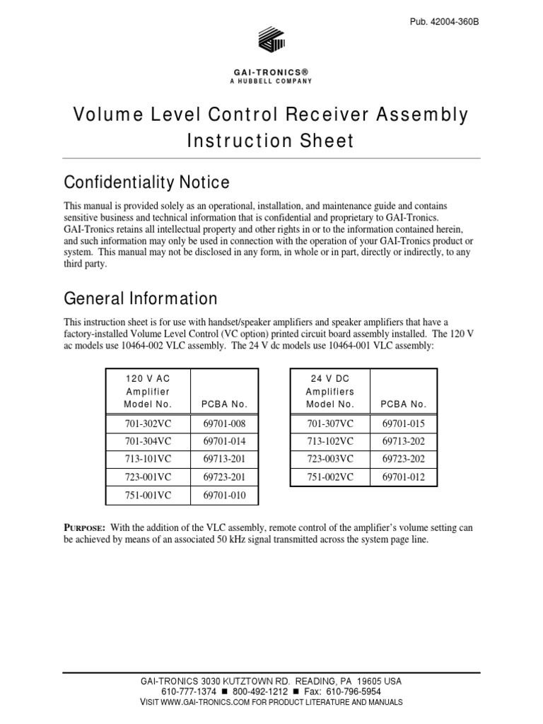 Volume Level Control Receiver Assembly Instruction Sheet ...