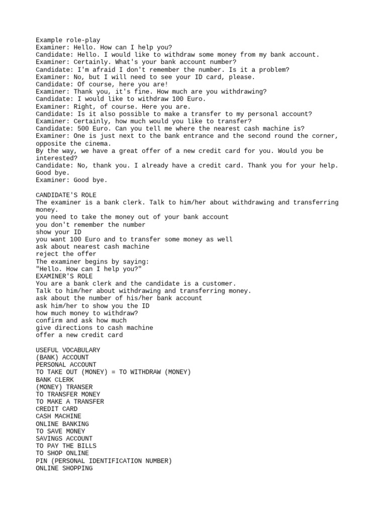 At The Bank Role-Play | PDF