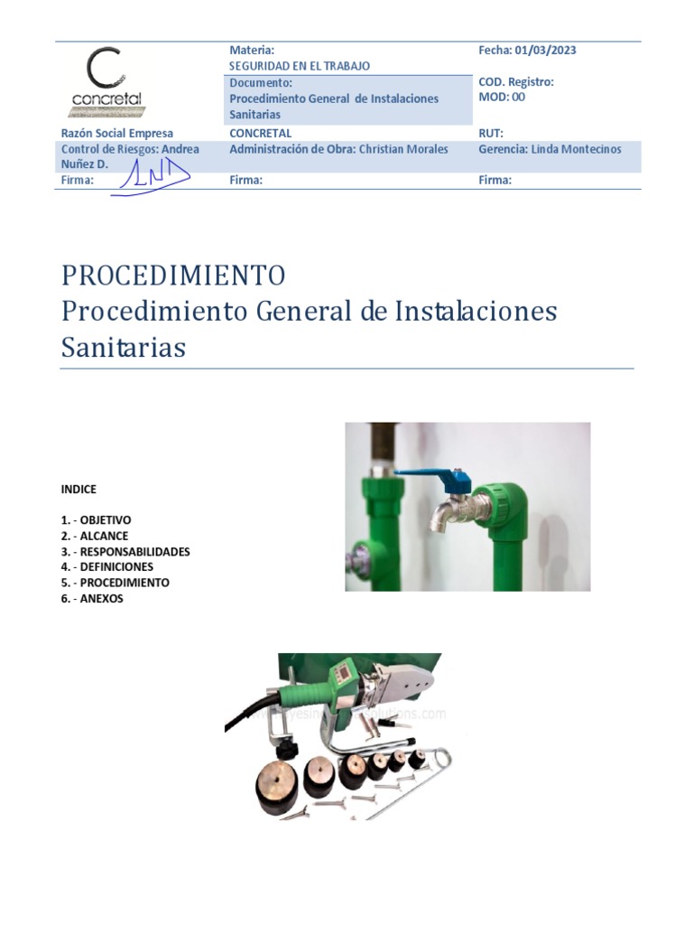 PTS-01 Procedimiento general Instalaciones Sanitarias | PDF