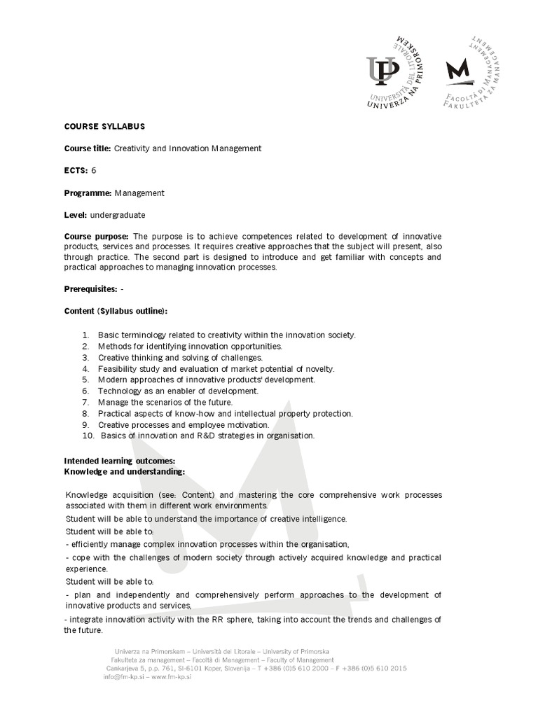 Creativity and Innovation Management Syllabus | PDF | Career & Growth ...