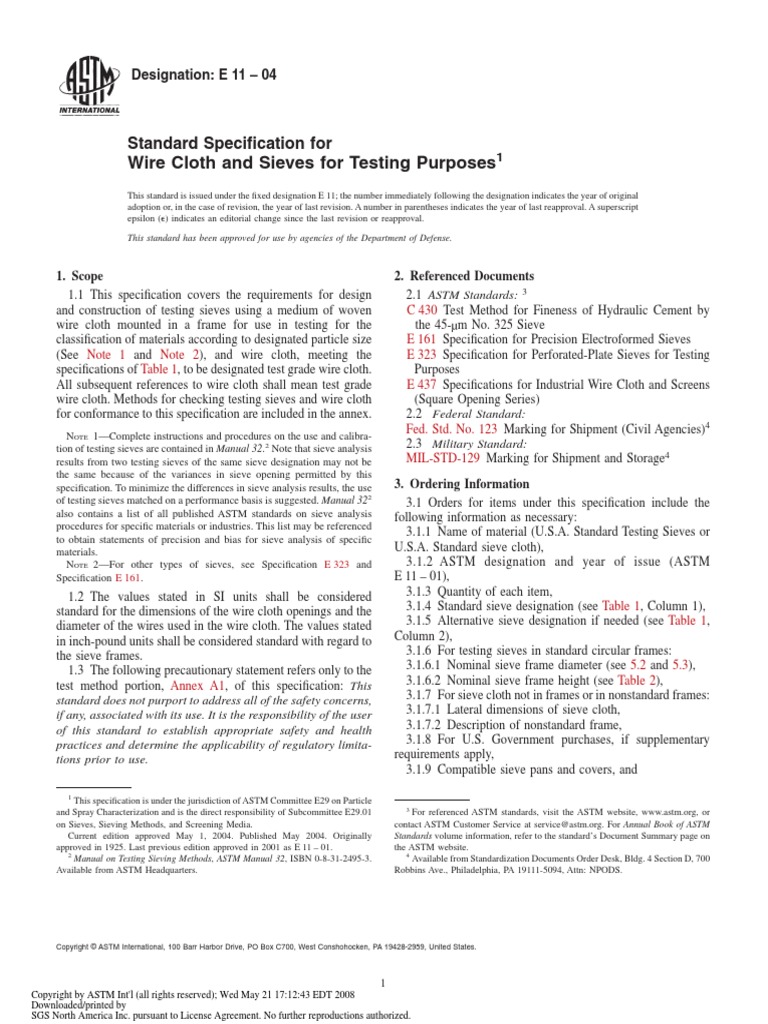 ASTM E11-04 Especificacón Estandar, Telas y Tamices | PDF