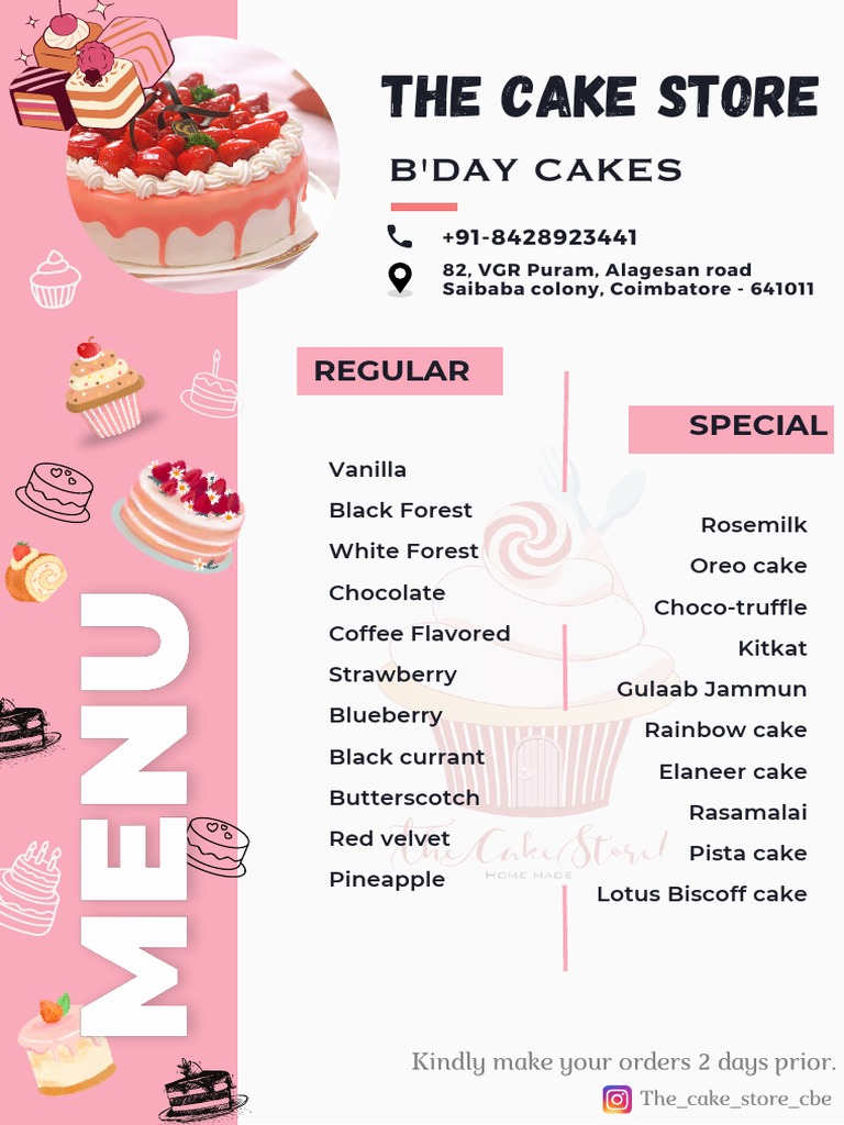 Cake Store Menu Coimbatore | PDF | Cooking, Food & Wine
