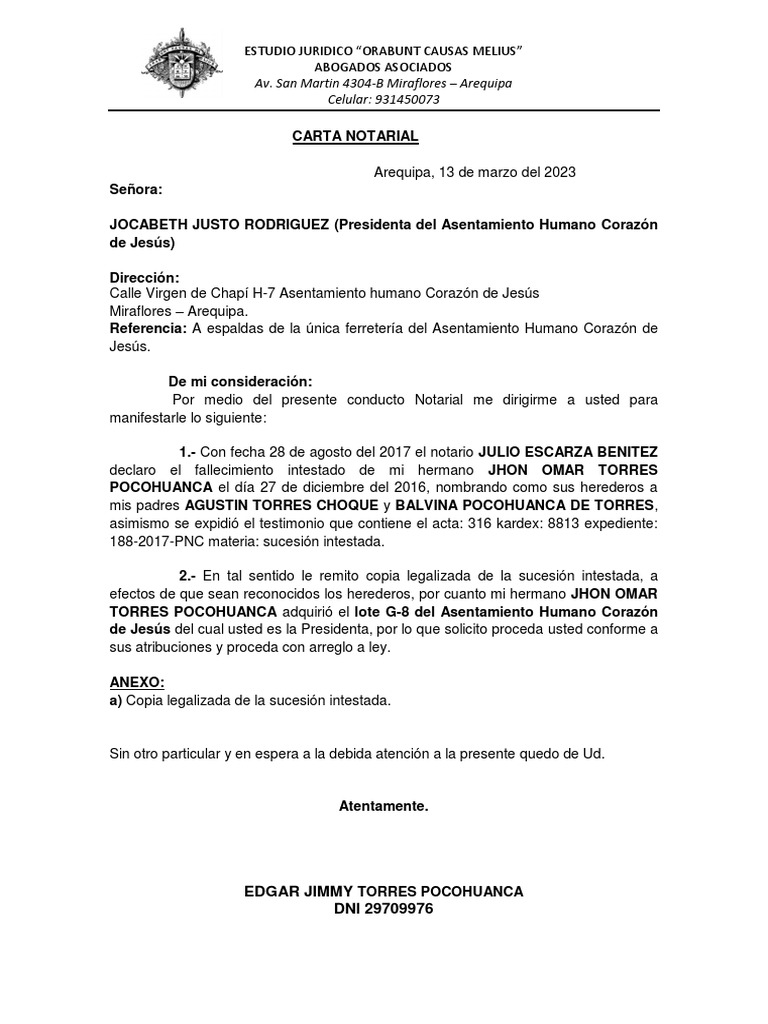 Carta Notarial Jocabeth Justo Rodriguez | PDF