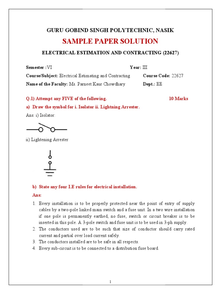 Electrical Estimating and Contracting Sample Paper Solution | PDF | Electric Power Distribution ...