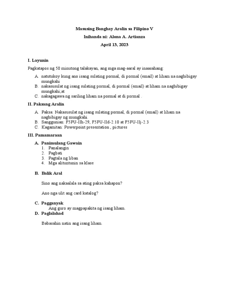 Banghay Aralin Sa Fil. 5 132023 | PDF