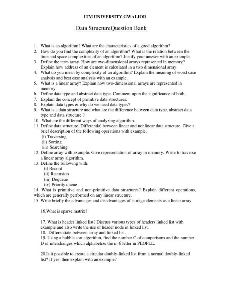 Data Structure Question Bank: Itm University, Gwalior | Download Free ... Data Structure Question Bank: Itm University, Gwalior | Download Free ...