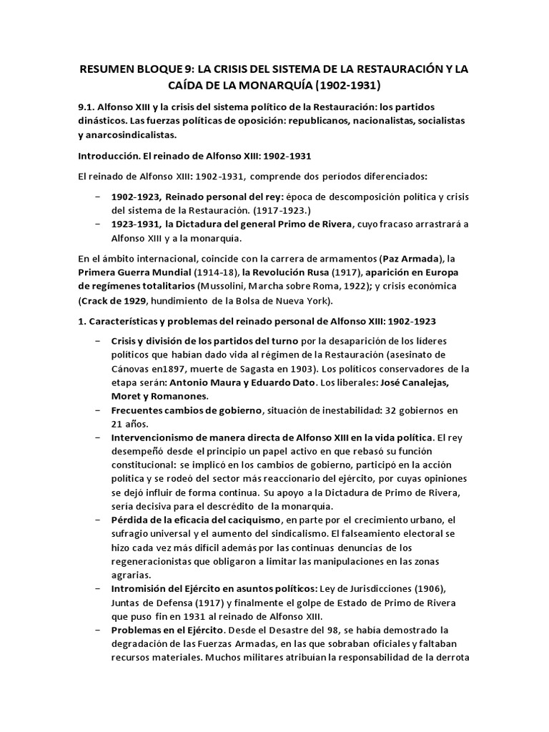 Resumen Bloque 9 La Crisis Del Sistema de La Restauracion | PDF