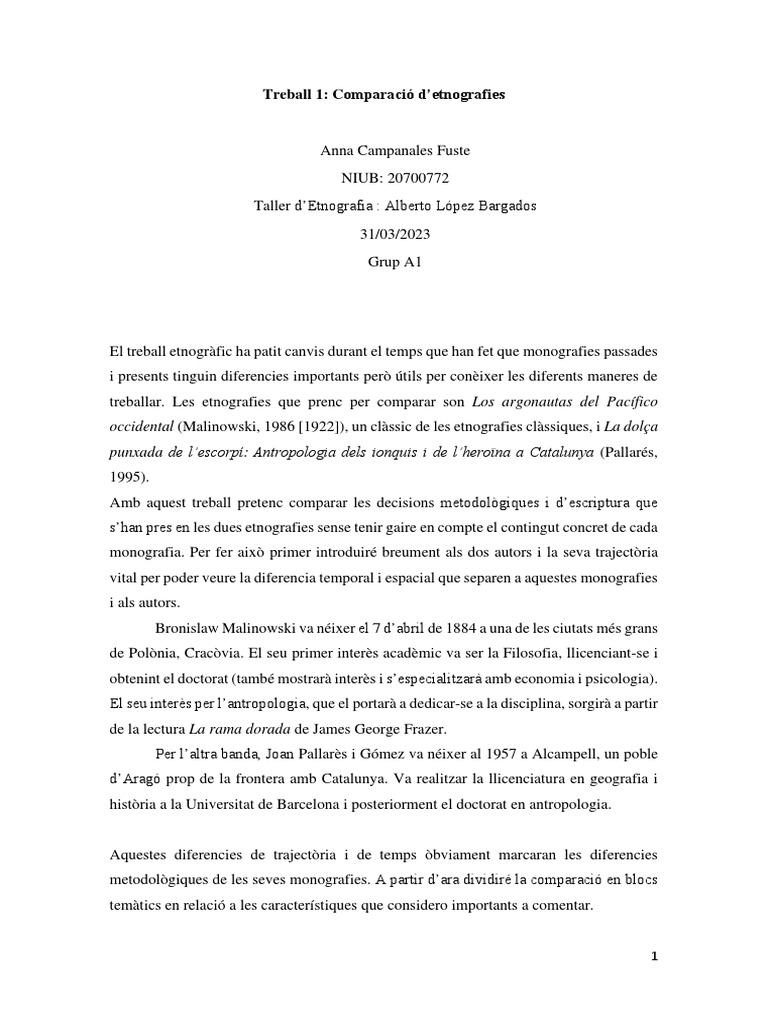 Treball 1 - Taller D'etnografia | PDF