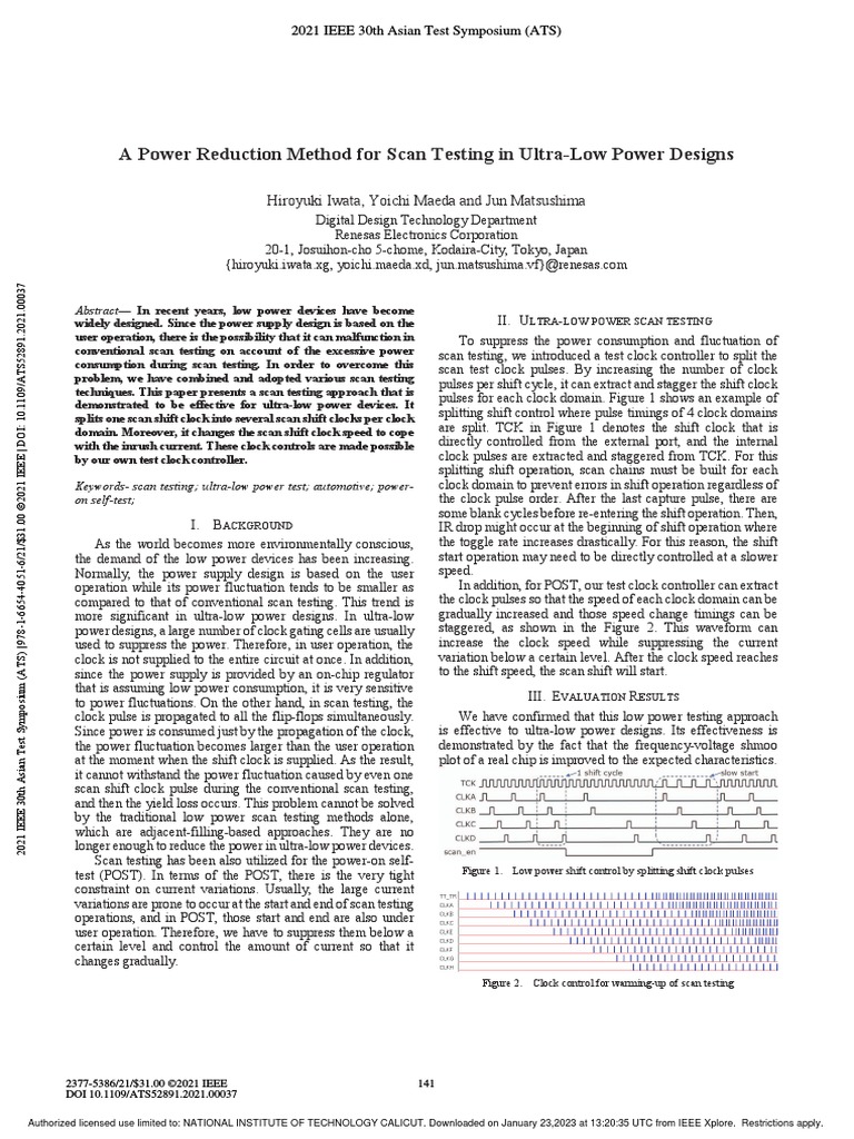 A Power Reduction Method For Scan Testing in Ultra-Low Power Designs | PDF