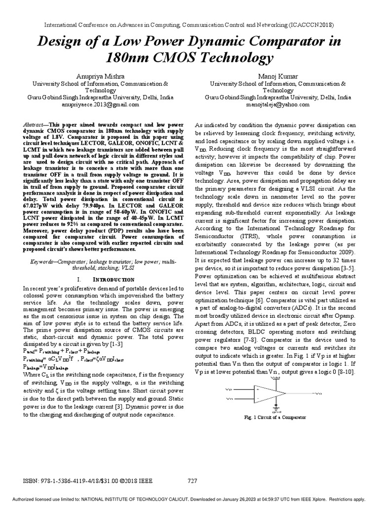 Design of A Low Power Dynamic Comparator in 180nm CMOS Technology | PDF ...