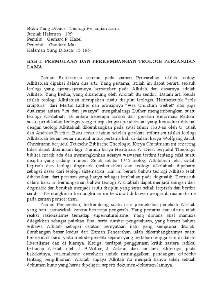 REVEW BUKU: Gerhard F. Hasel "Teologi Perjanjian Lama" Hal 15-185 | PDF