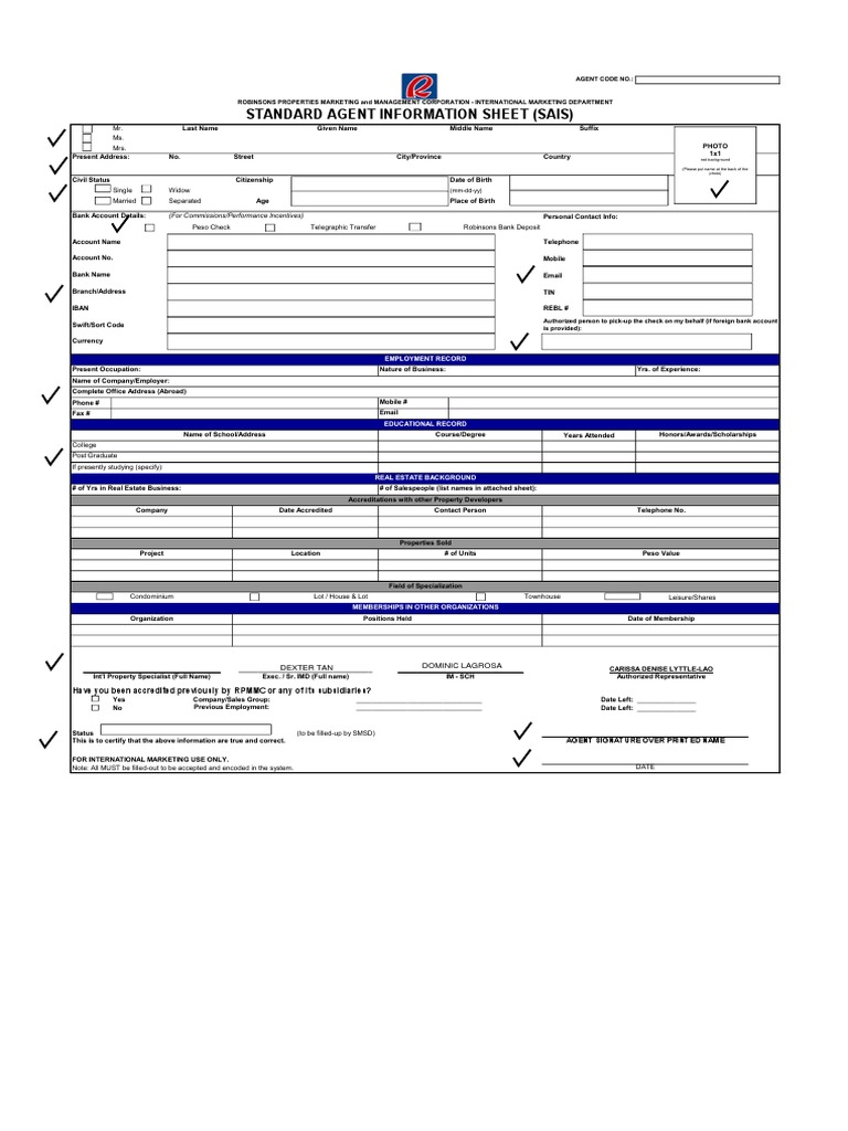 Standard Agent Information Sheet (Sais) : (For Commissions/Performance ...