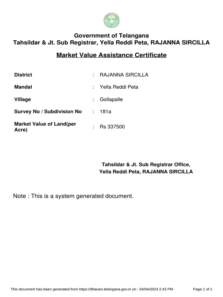 Telangana Market Value Certificate | PDF
