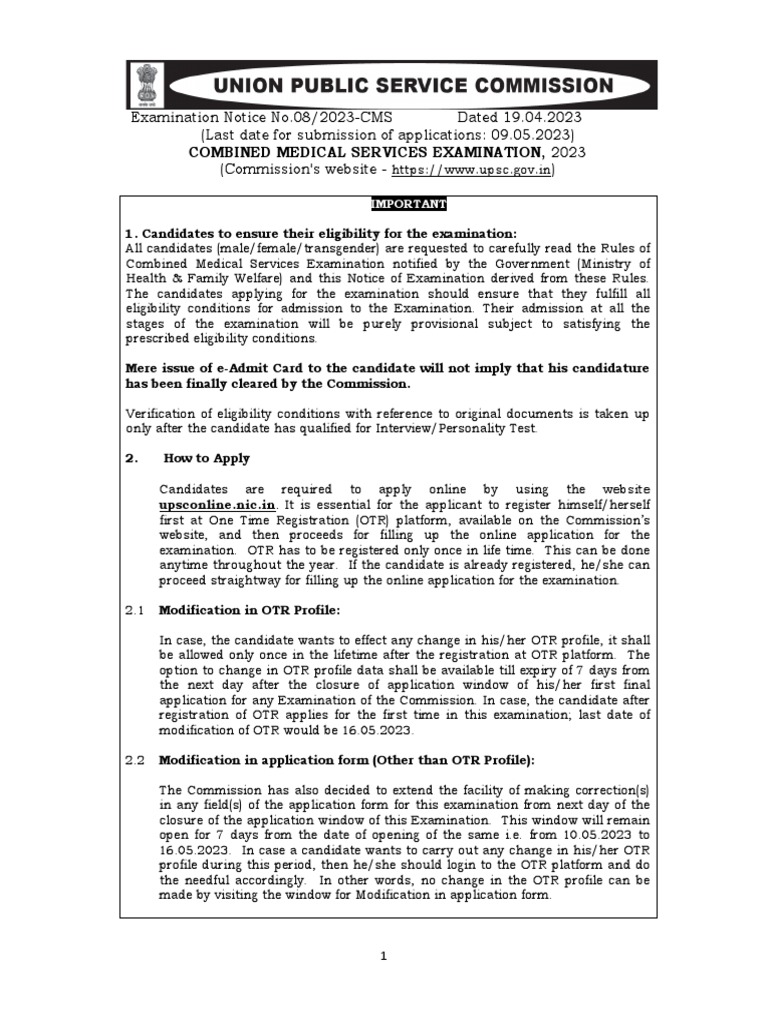 1261 Combined Medical Service Examination Posts Advt Details UPSC | PDF ...