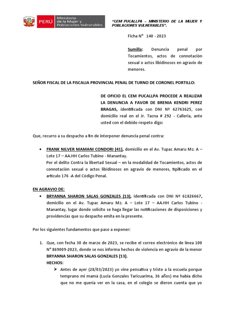 Denuncia Penal - Bryanna Sharon Salas Gonzales - Ficha 140-2023 | PDF
