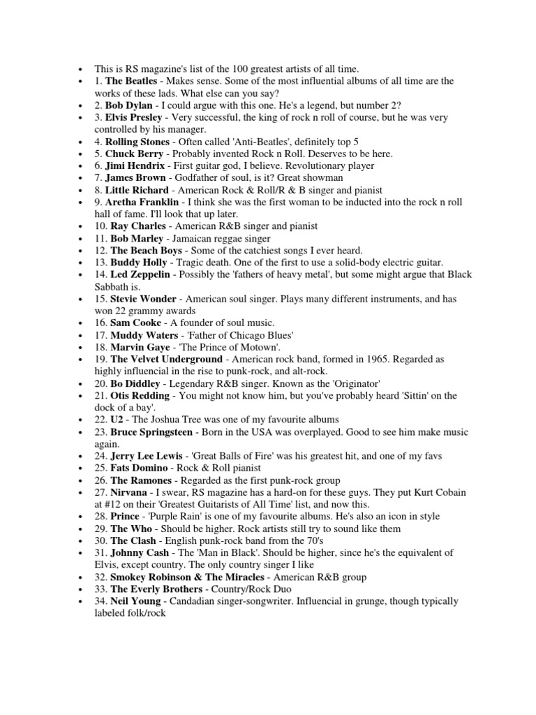 Rolling Stone's 100 Greatest Artists | PDF | Rock Music | Rhythm And Blues