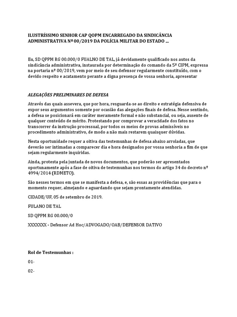 Modelo de Defesa Preliminar em Sindicancia Processos Administrativos Militares | PDF