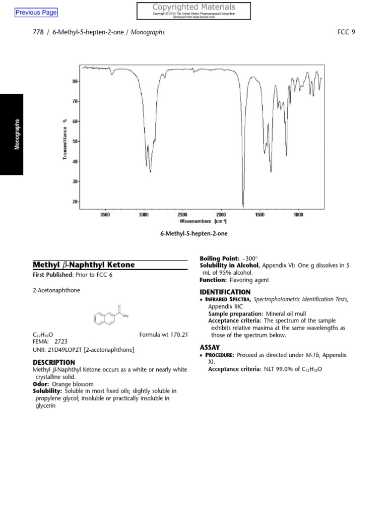 778 / 6-Methyl-5-Hepten-2-One / Monographs FCC 9 | PDF | Ethanol | Solubility