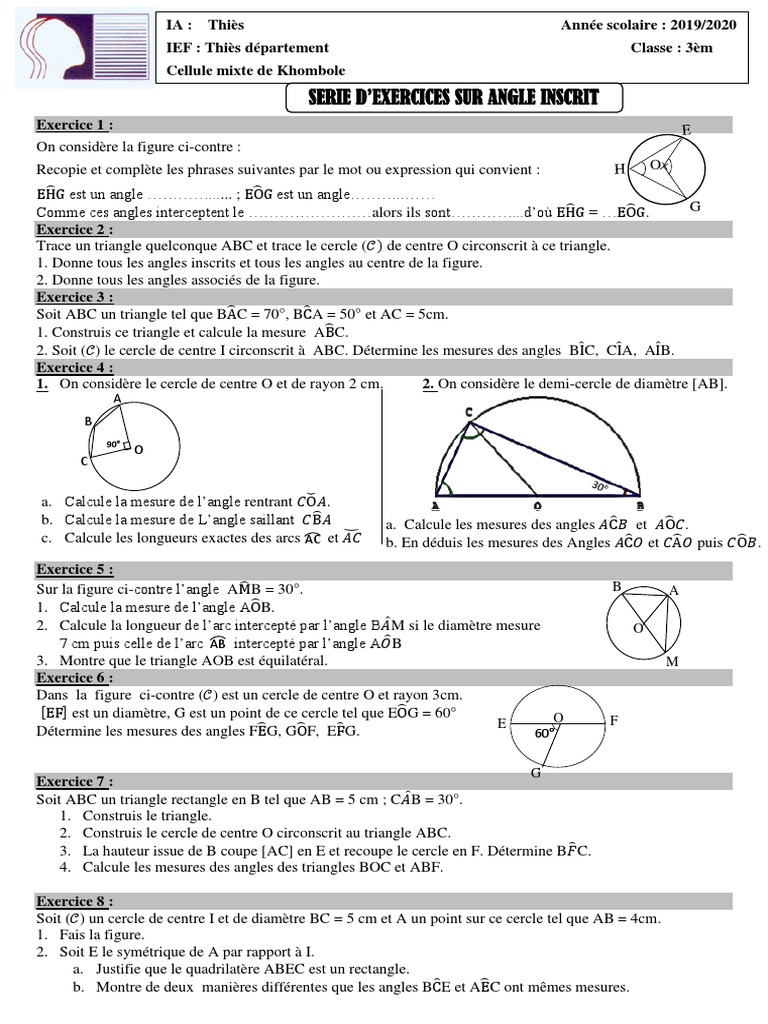 Exercices sur les angles inscrits | PDF | Triangle | Cercle