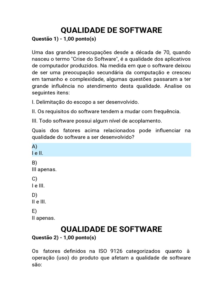 Qualidade de Software: Questão 1) - 1,00 Ponto(s) | PDF