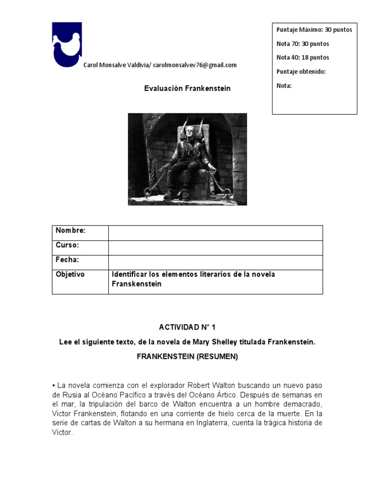 Evaluación de la novela Frankenstein | PDF | Frankenstein