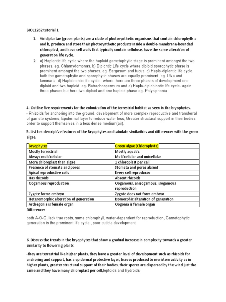 BIOL1262 Tutorial Answers | PDF