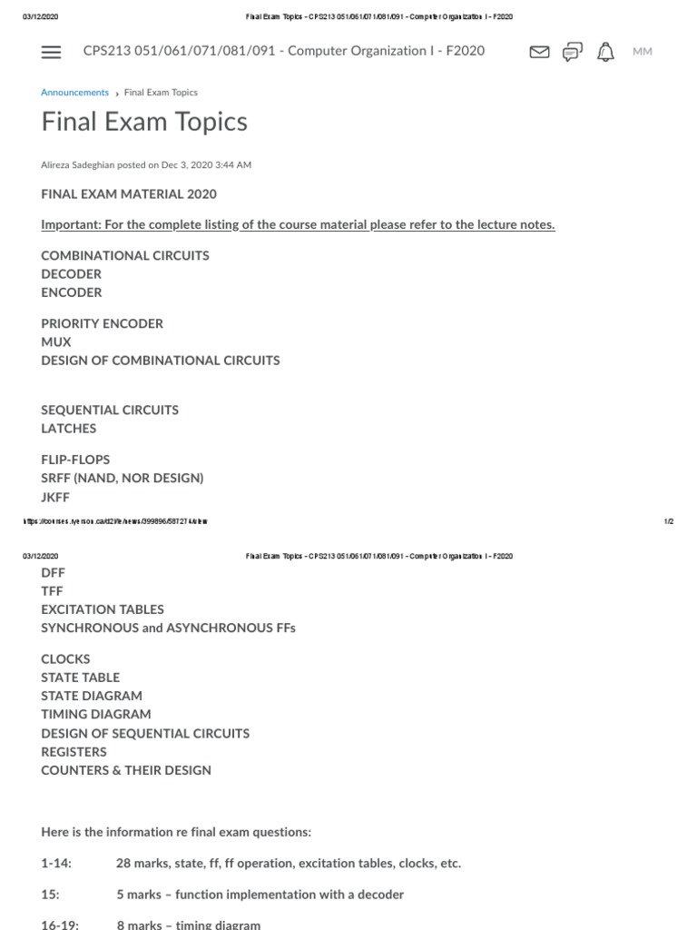 Final Exam Topics: CPS213 051/061/071/081/091 - Computer Organization I - F2020 | PDF