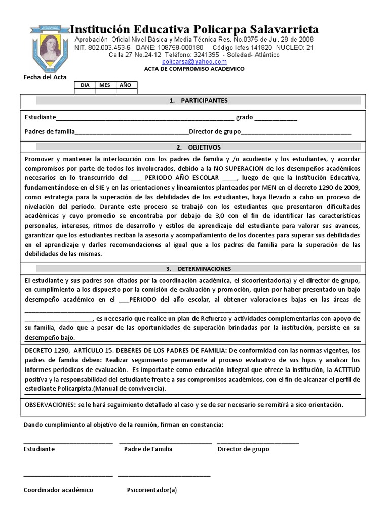 Acta de Compromiso Academico Por Estudiante 2 | PDF
