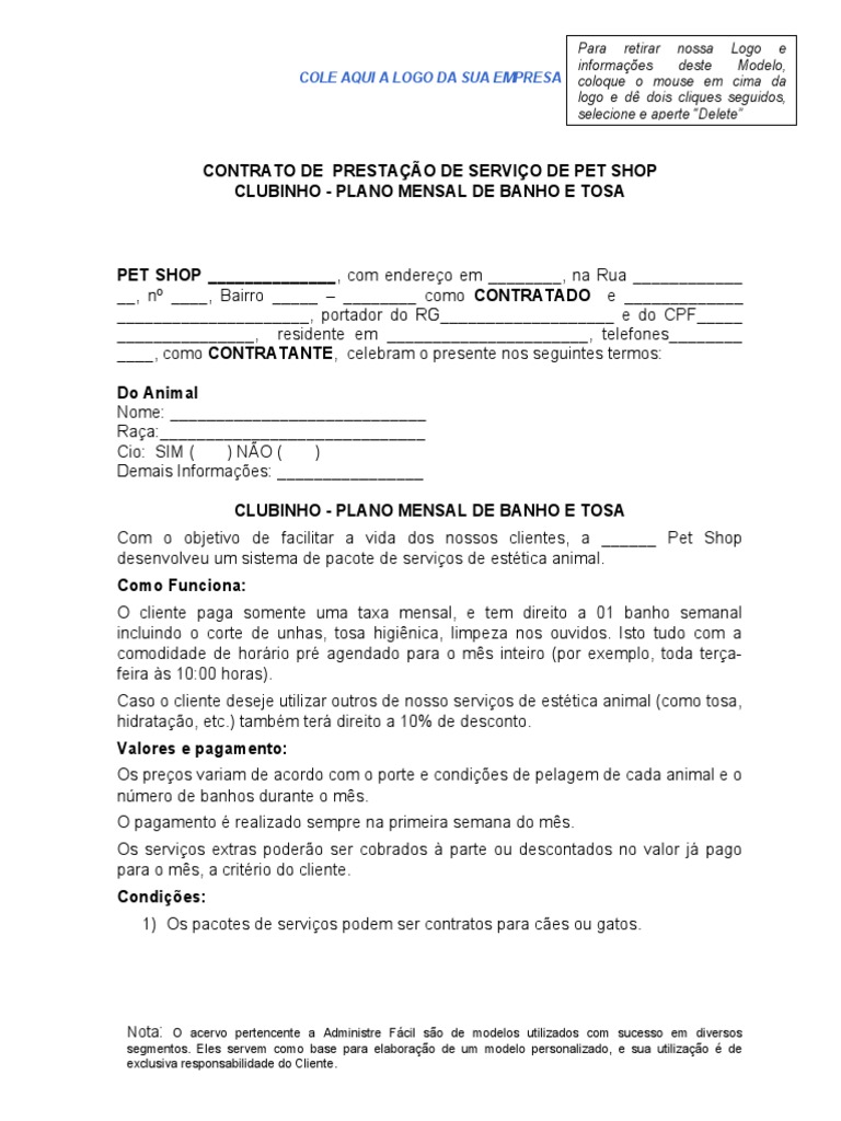 Modelo de Contrato Prestacao de Servicos de Pet Shop Banho e Tosa | PDF
