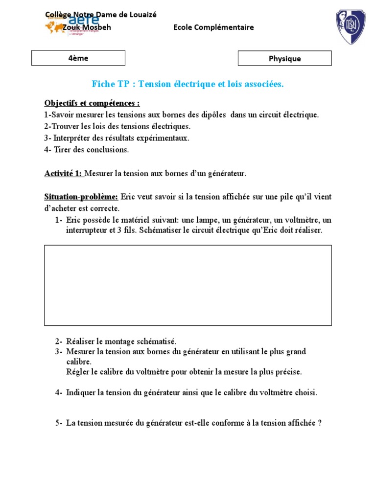 4ème - Fiche TP - Tension | Download Free PDF | Tension électrique | Réseau électrique