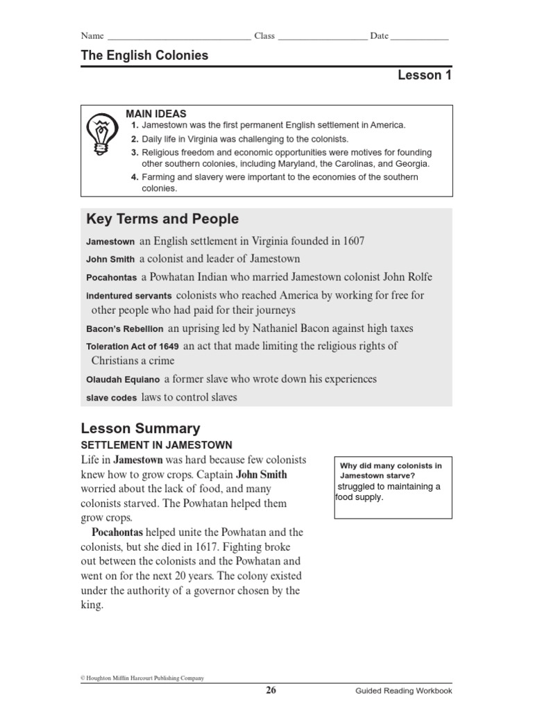 Key Terms and People: The English Colonies Lesson 1 | PDF | Slavery ...