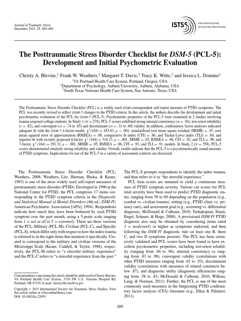 The Posttraumatic Stress Disorder Checklist For DSM-5 (PCL-5) : Development and Initial ...